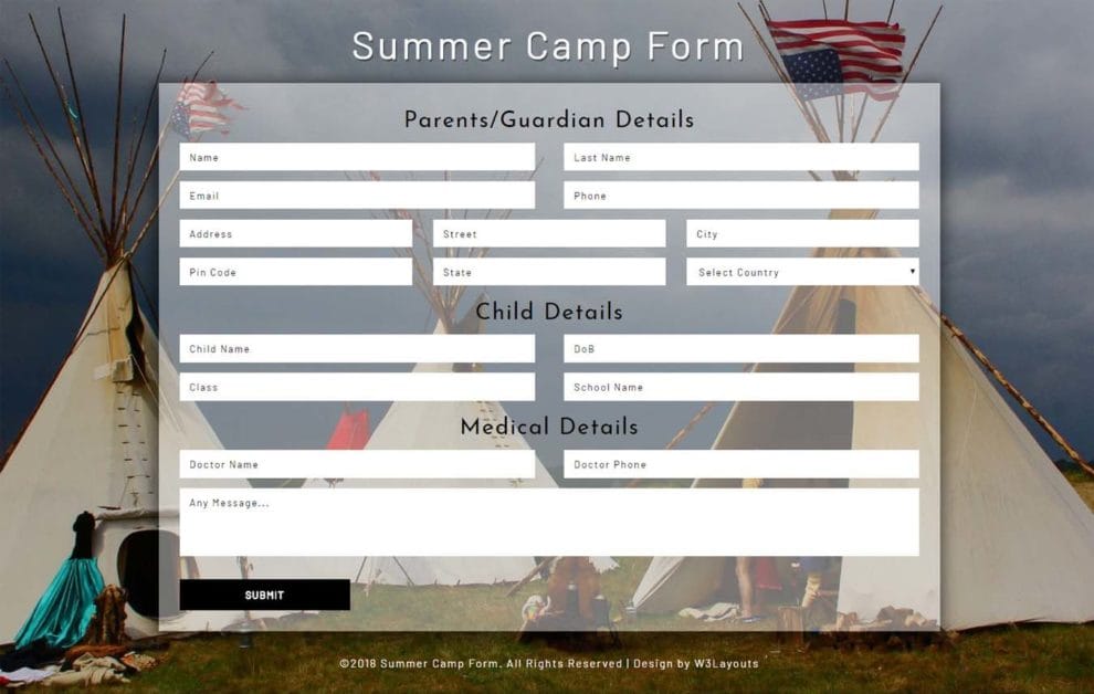 Summer Camp Form a Flat Responsive Widget Template » W3Layouts
